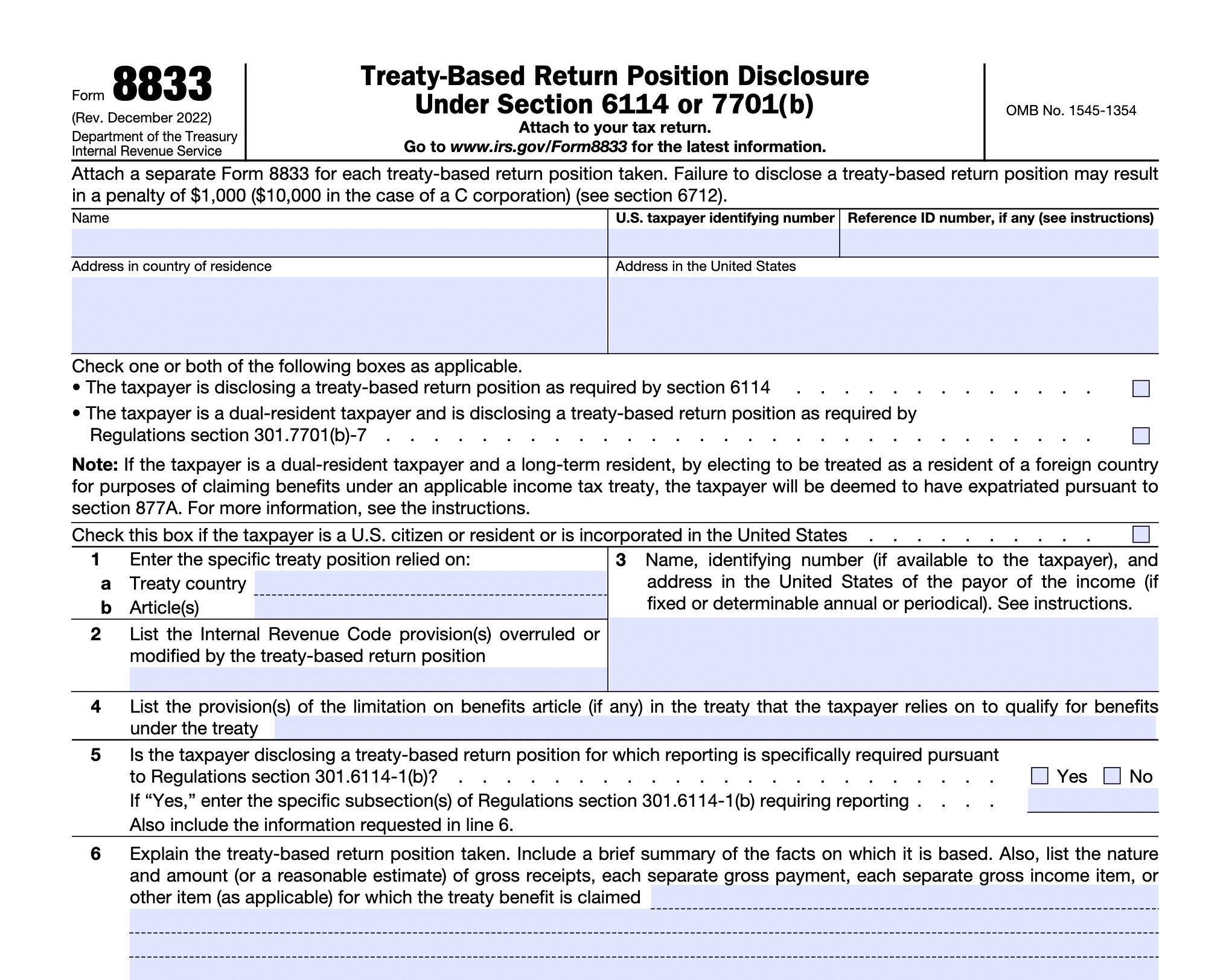 Form 8833 Treaty Based Return IRS International Tax Law